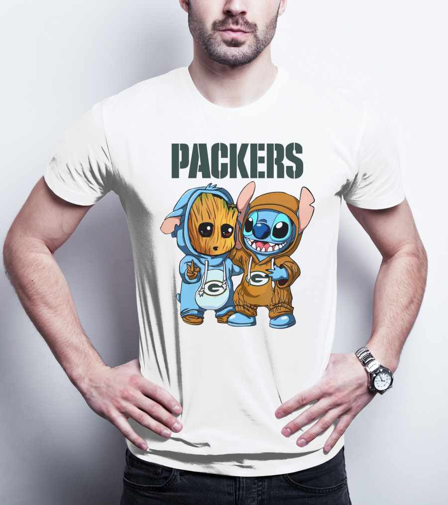 Packers Groot And Stitch Hug Wearing Green Bay Packers Hoodies T-Shirt