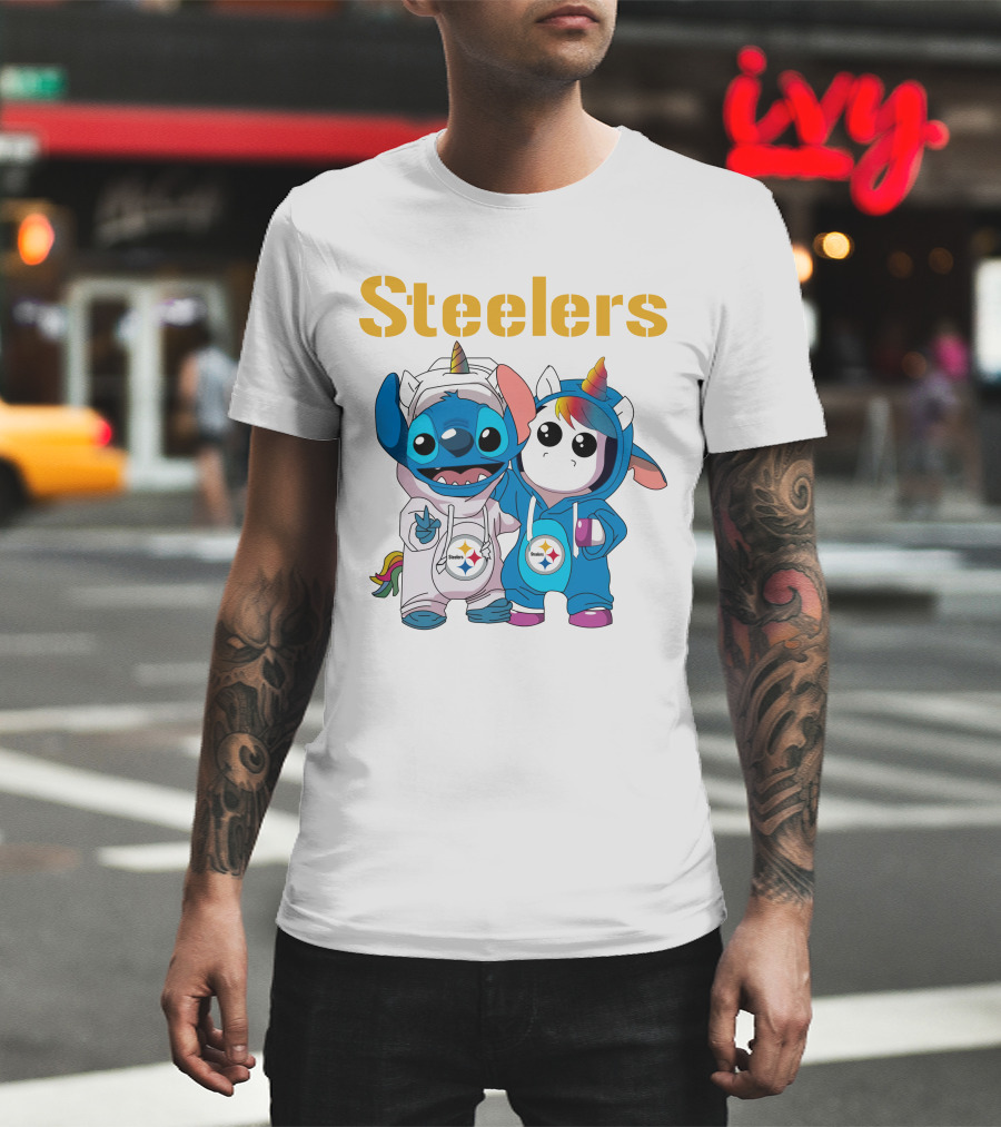 Steelers Stitch And Unicorn Duo With Rainbow Horns T-Shirt