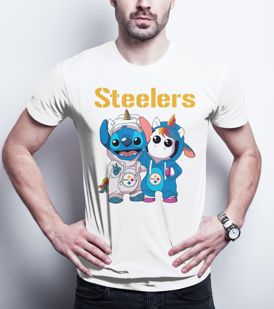 Steelers Stitch And Unicorn Duo With Rainbow Horns T-Shirt
