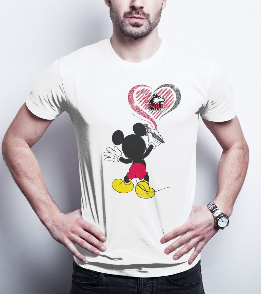 Mickey Mouse Drawing Northern Illinois University Huskies Logo In Heart Shape T-Shirt