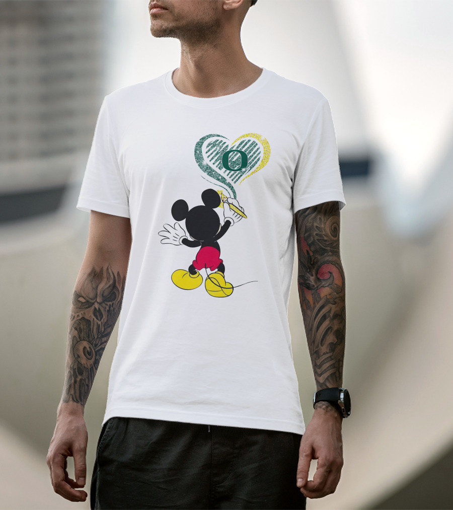 Mickey Mouse Draws Oregon Ducks Heart With Number T-Shirt