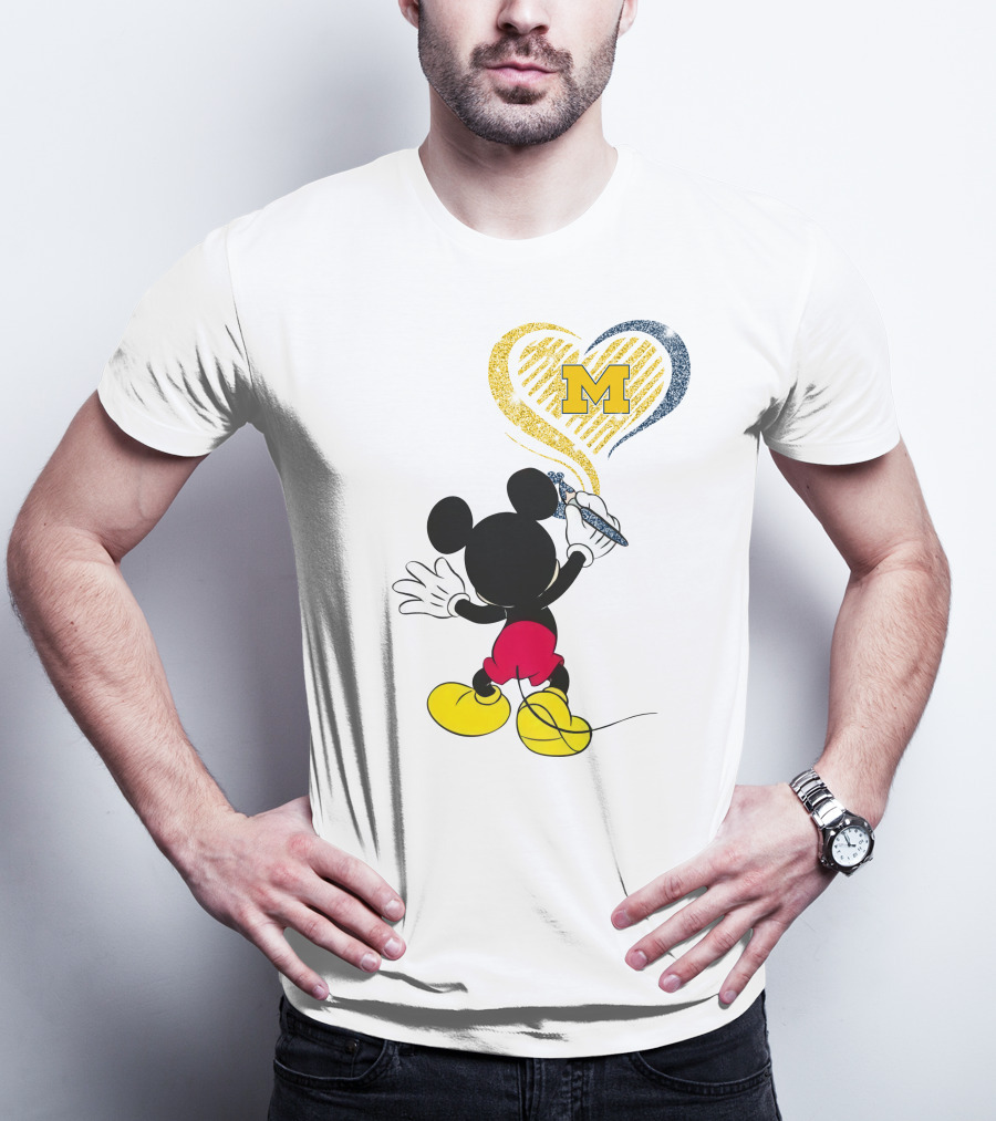 Michigan Wolverines M In Yellow And Blue Heart With Disney Mickey Character T-Shirt