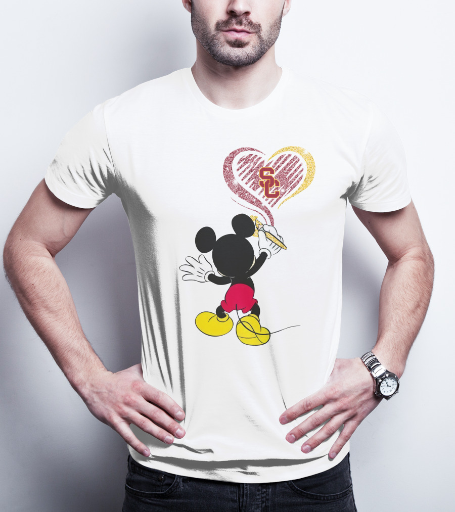 Mickey Mouse Drawing Heart With Usc Trojans T-Shirt