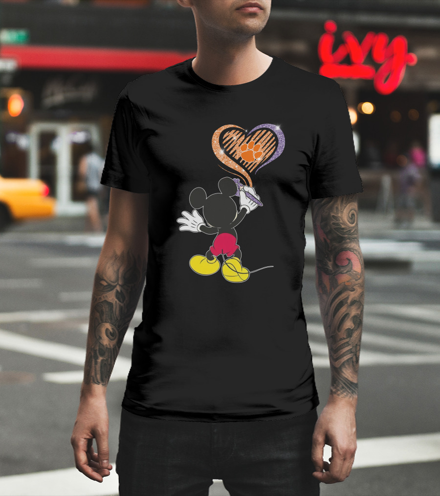Mickey Painting Clemson Tigers Paw In Heart Shape T-Shirt