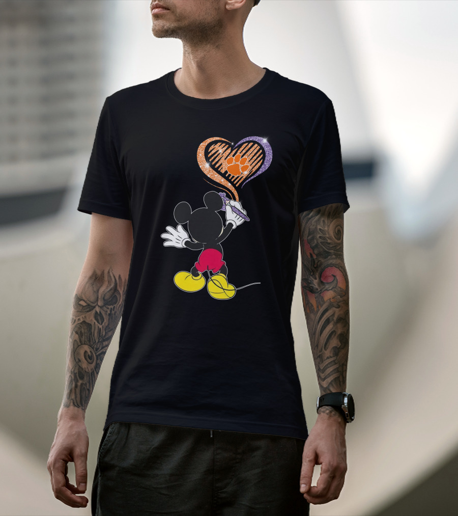 Mickey Painting Clemson Tigers Paw In Heart Shape T-Shirt