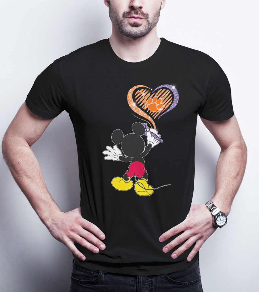 Mickey Painting Clemson Tigers Paw In Heart Shape T-Shirt