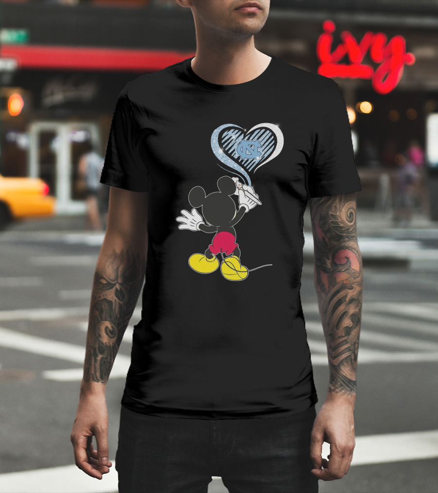Mickey Mouse Drawing North Carolina Tar Heels In Heart Shape T-Shirt