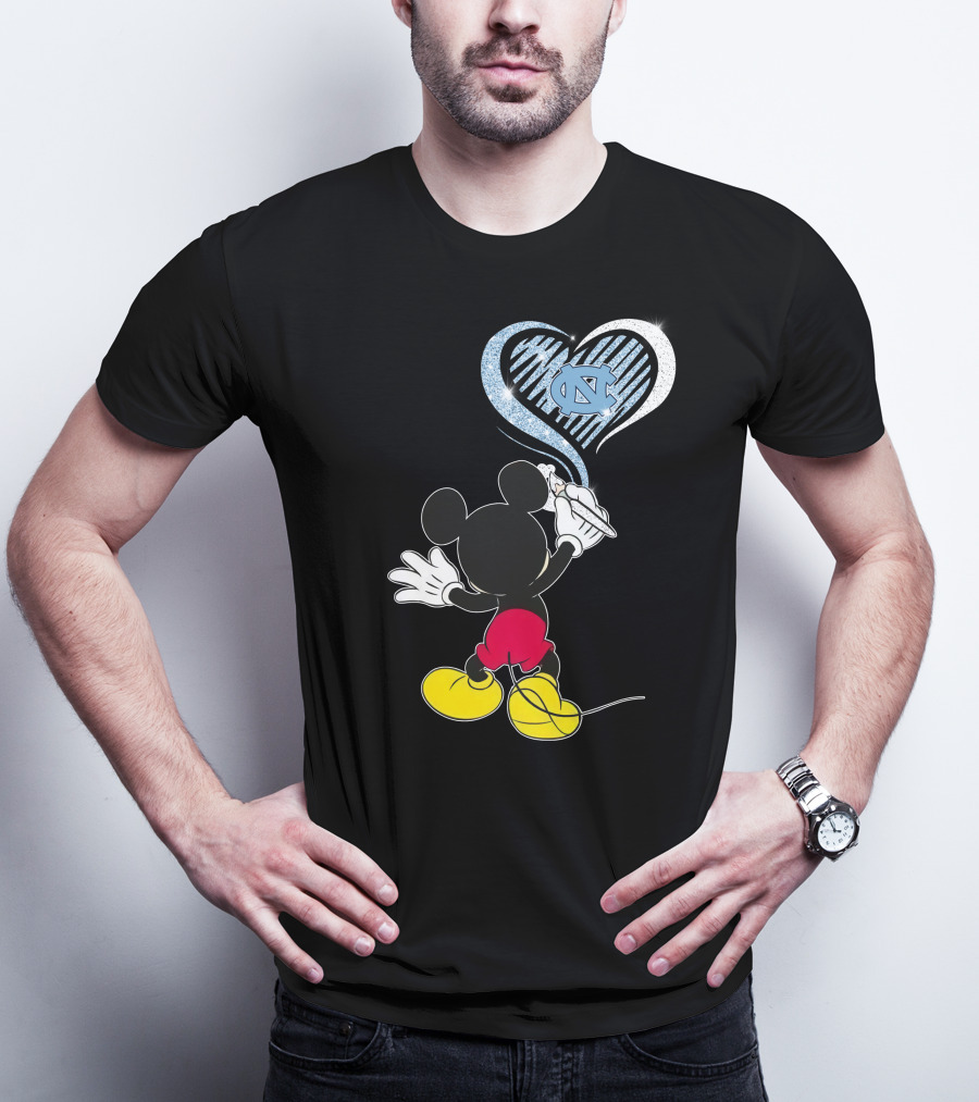 Mickey Mouse Drawing North Carolina Tar Heels In Heart Shape T-Shirt