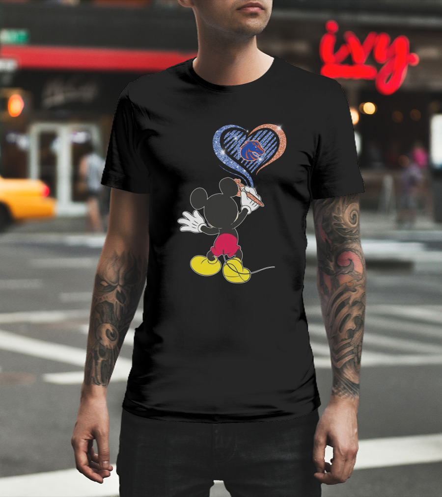 Mickey Painting Blue And Orange Heart Boise State Broncos T-Shirt