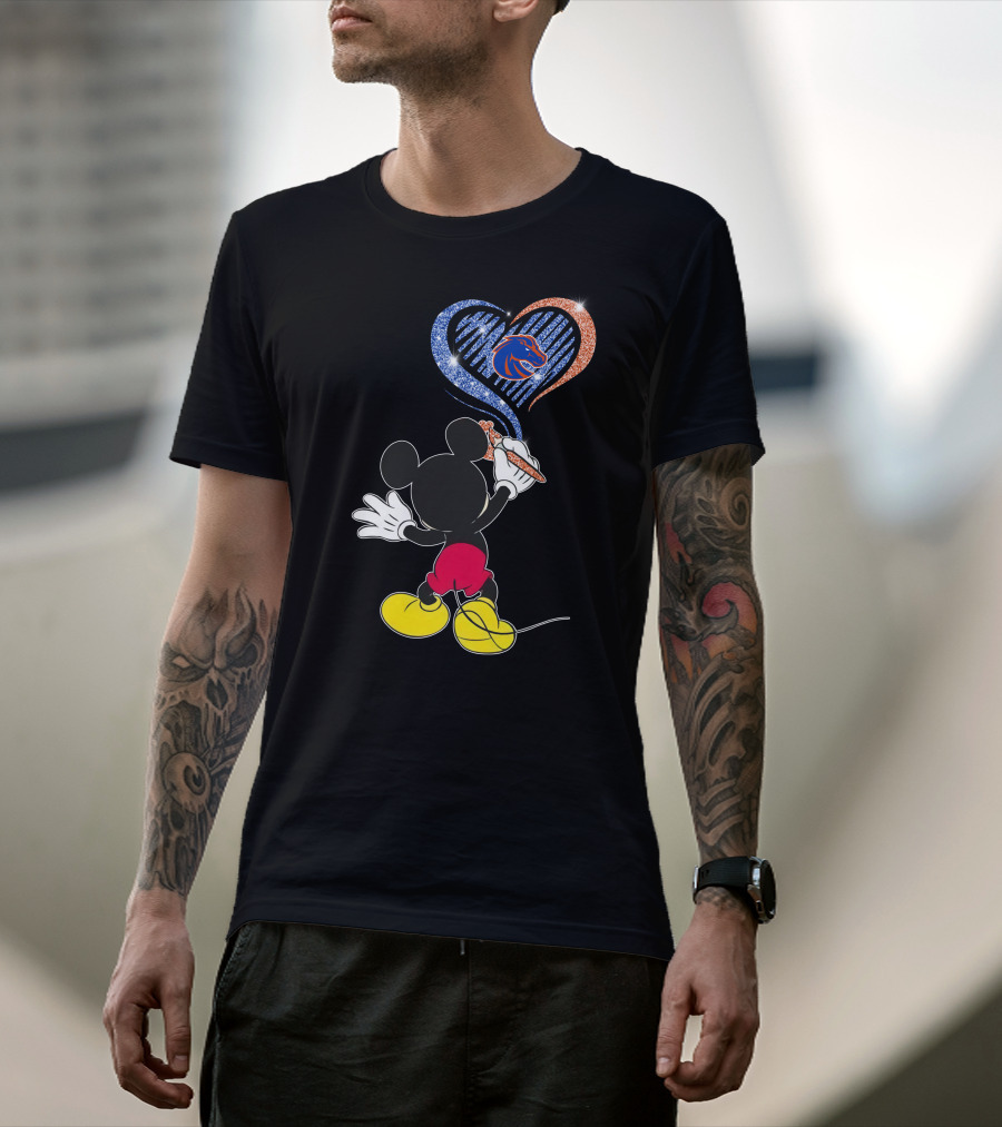 Mickey Painting Blue And Orange Heart Boise State Broncos T-Shirt