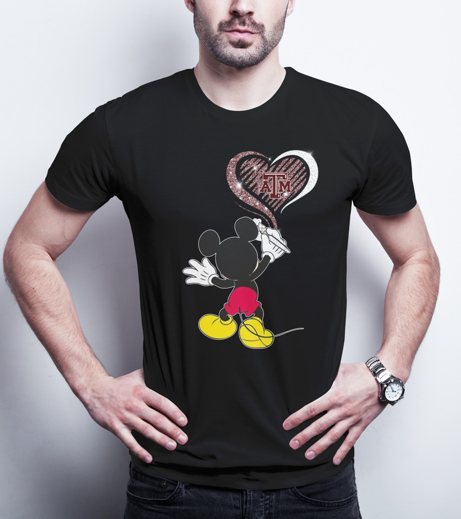 Mickey Drawing Heart With ATM Logo Texas A&M Aggies T-Shirt
