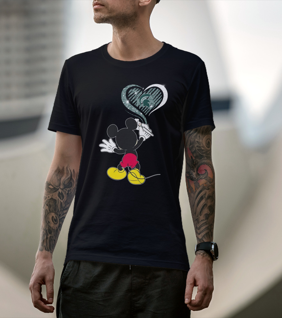 Mickey Mouse Drawing Heart Michigan State Spartans T-Shirt