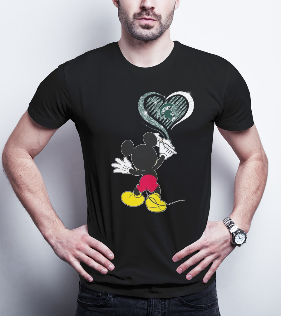 Mickey Mouse Drawing Heart Michigan State Spartans T-Shirt