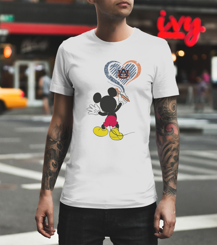 Mickey Mouse Auburn Tigers Heart Drawing T-Shirt