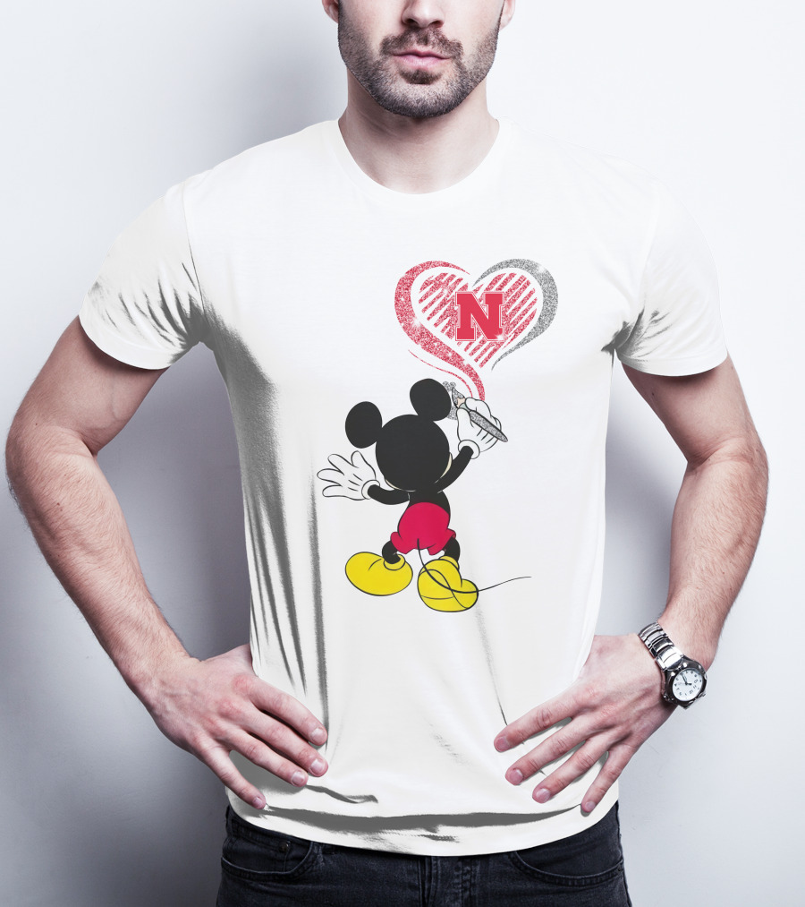 Mickey Mouse Nebraska Cornhuskers Heart Drawing T-Shirt