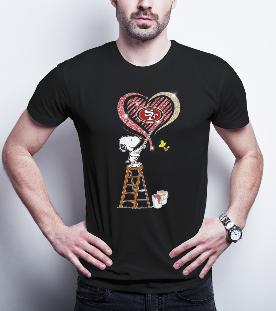 Snoopy Painting San Francisco 49ers Heart With Woodstock T-Shirt