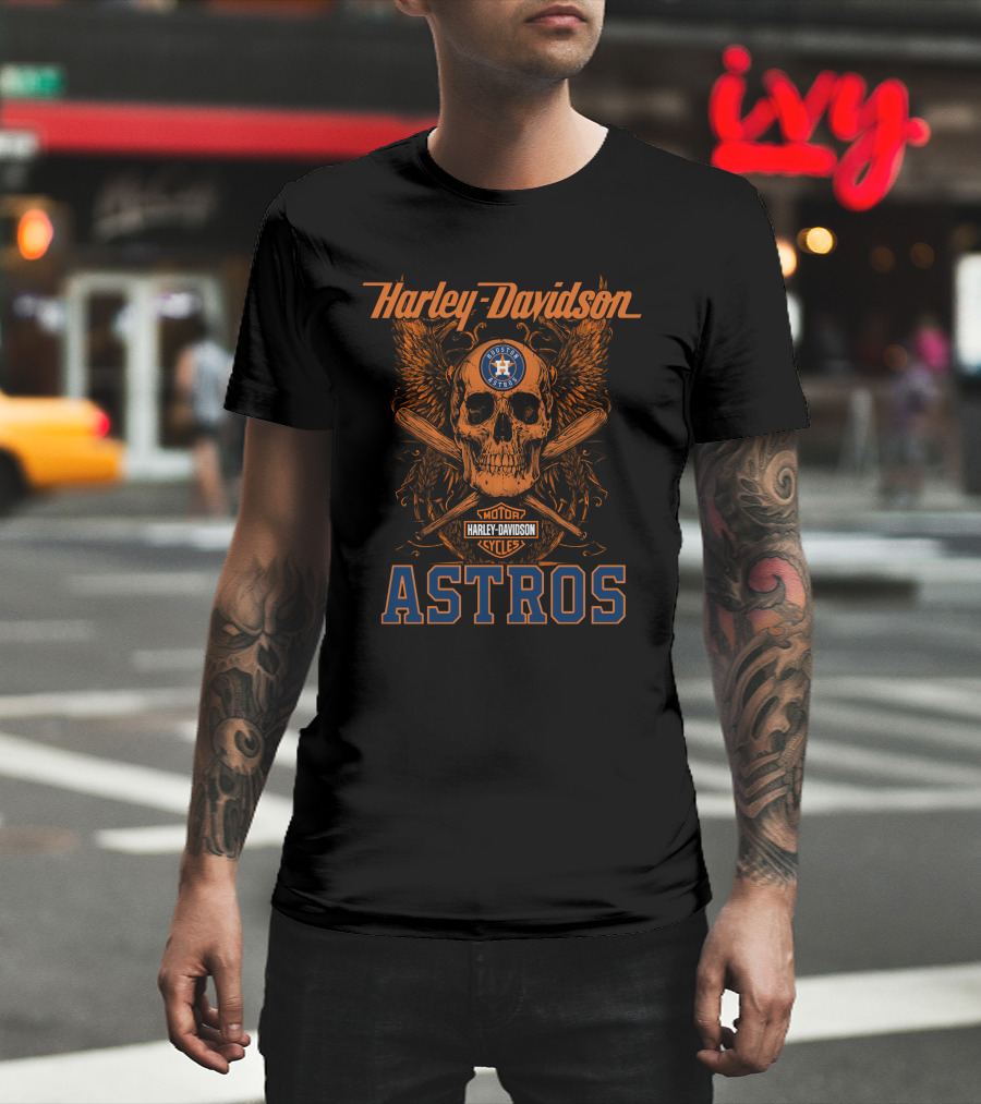 Harley Davidson Houston Astros Motor Cycles Skull Wings Crossed Bats T-Shirt