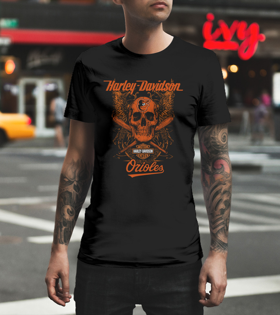 Harley Davidson Baltimore Orioles Skull Wings Motor Cycles T-Shirt
