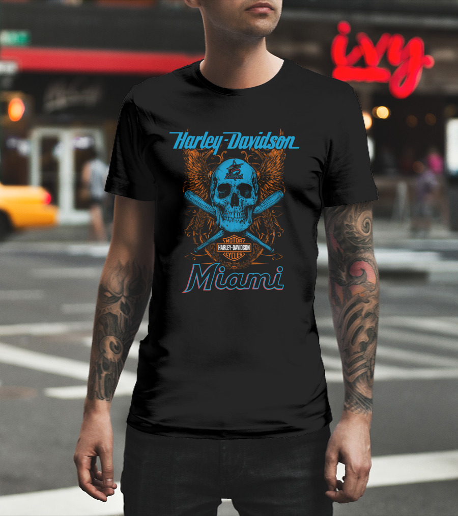 Harley Davidson Miami Skull With Bats And Marlins T-Shirt