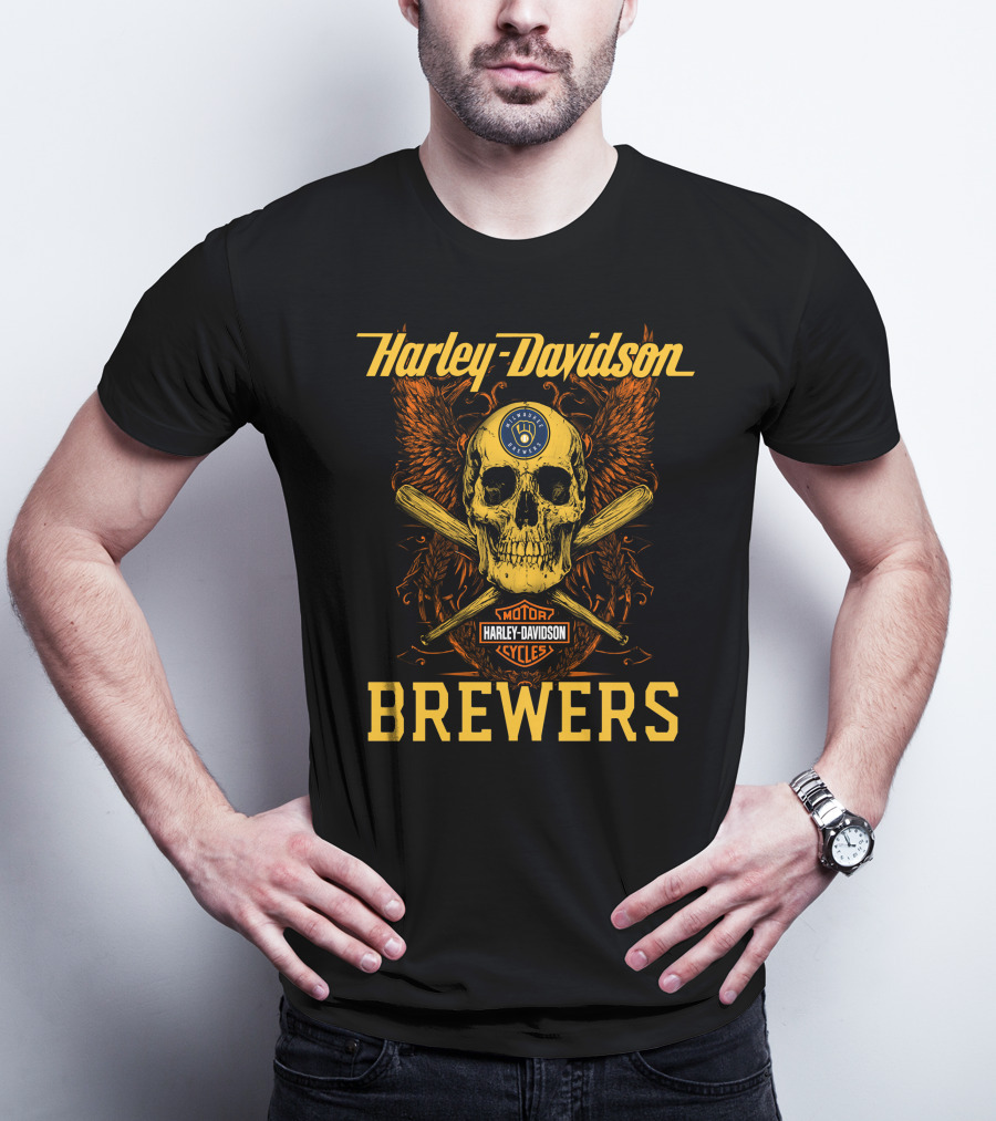 Harley Davidson Skull And Crossed Bats Milwaukee Brewers Motor Cycles T-Shirt