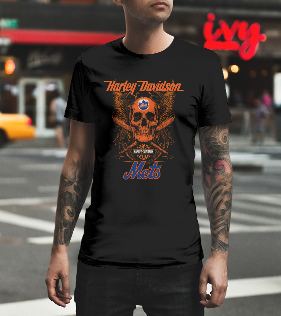 Harley Davidson New York Mets Motor Cycles Skull Wings Crossed Bats 18 T-Shirt