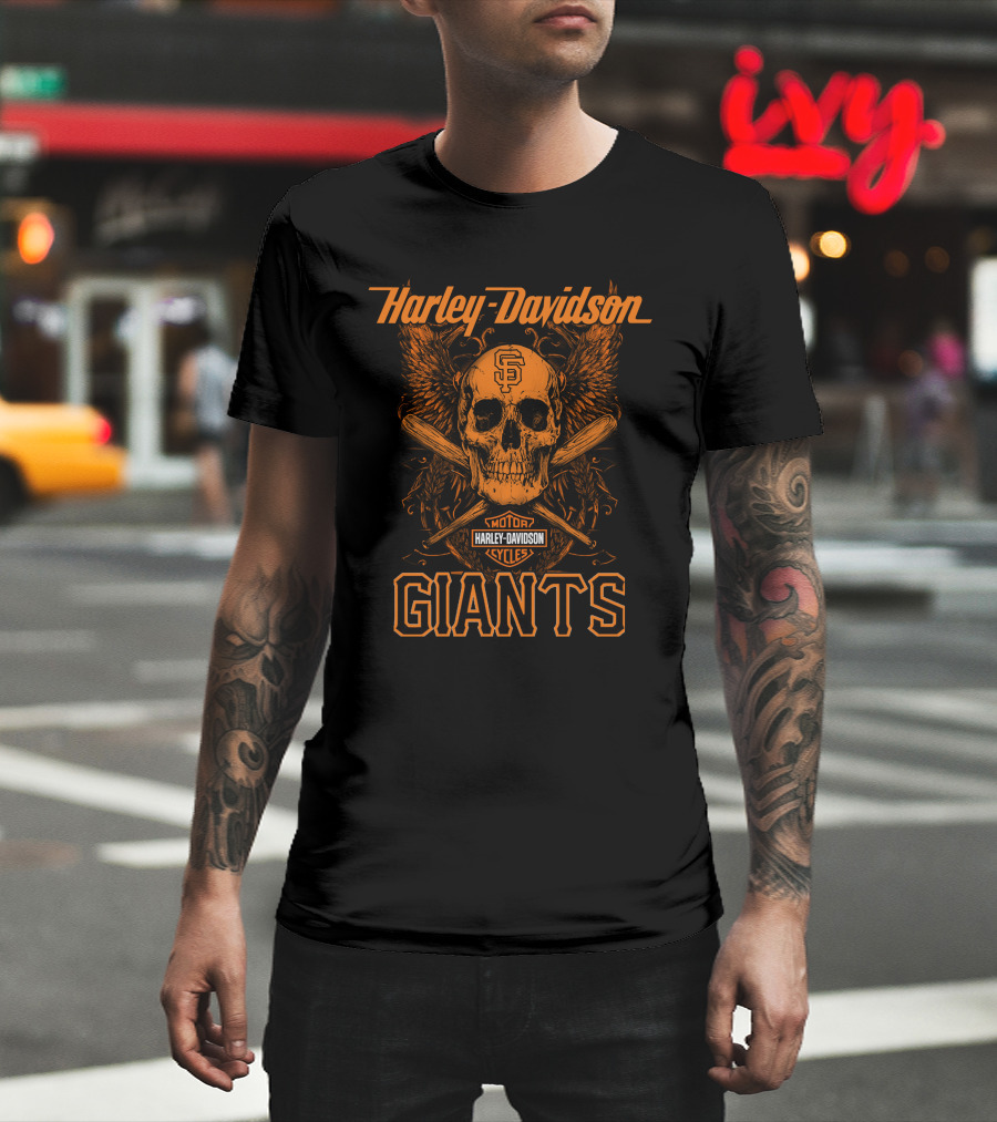 Harley Davidson San Francisco Giants Skull Wings Crossed Bats T-Shirt