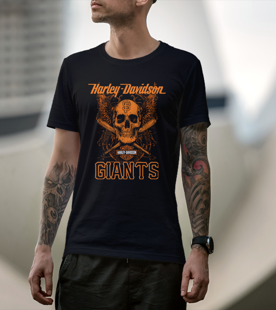 Harley Davidson San Francisco Giants Skull Wings Crossed Bats T-Shirt