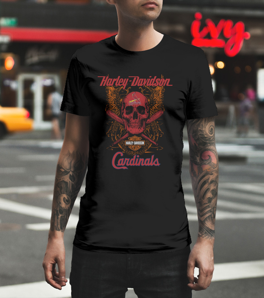 Harley Davidson Motor Cycles Skull Crossed Bats St Louis Cardinals T-Shirt