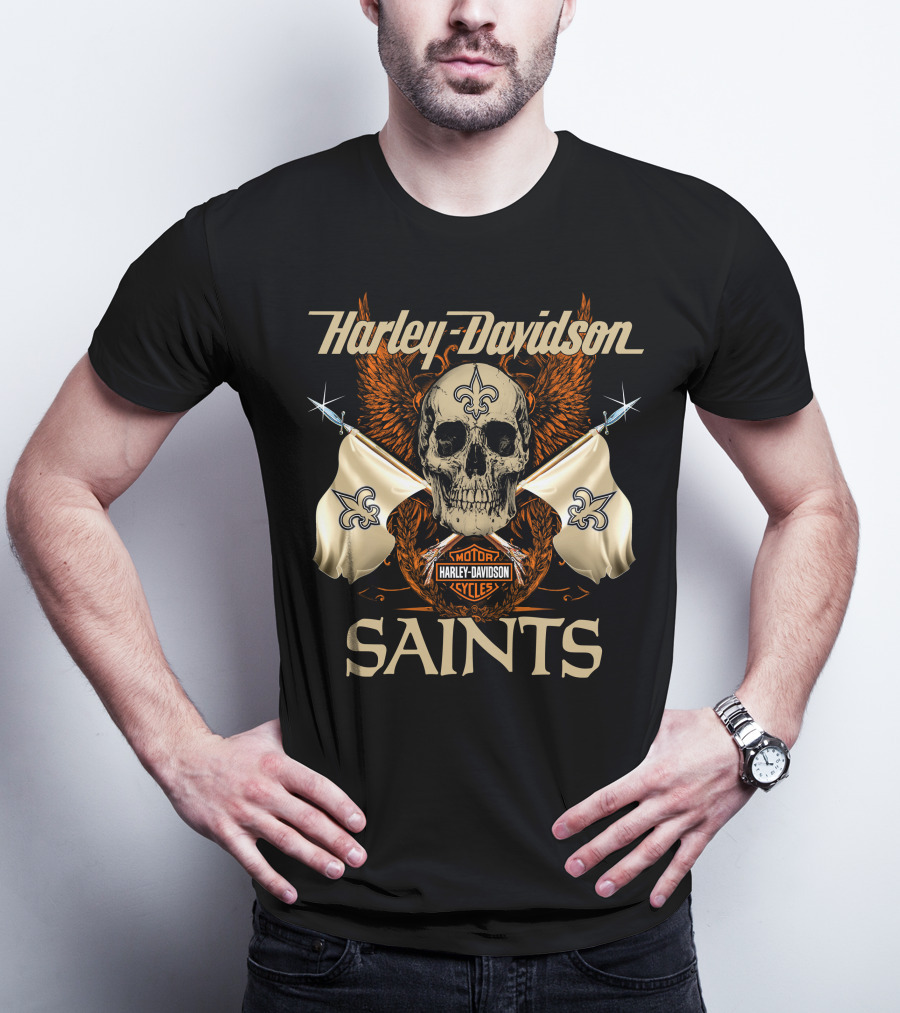 Harley Davidson Saints Skull With Fleur-De-Lis Flags And Wings T-Shirt