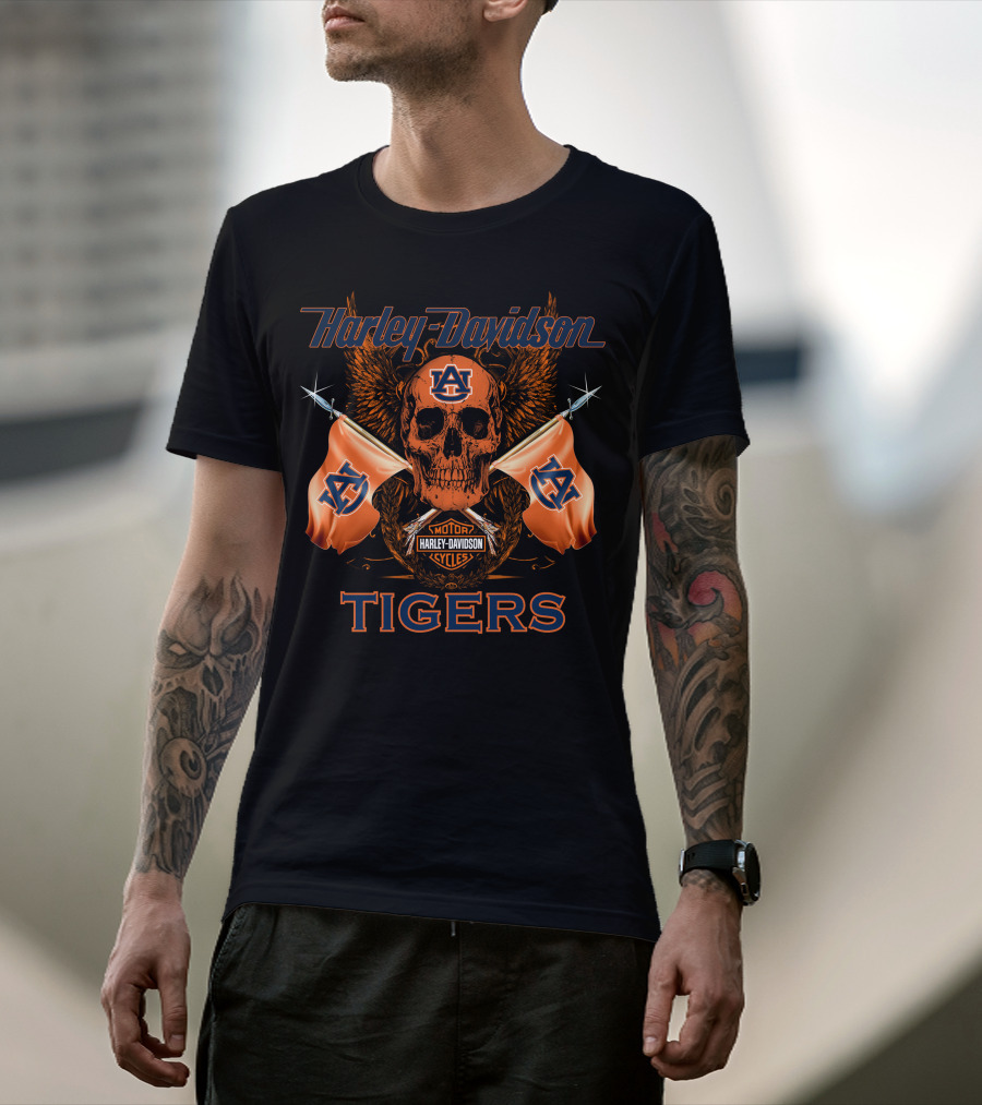 Harley Davidson Auburn Tigers Skull And Flags T-Shirt