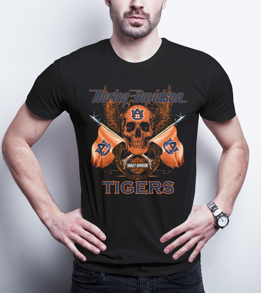 Harley Davidson Auburn Tigers Skull And Flags T-Shirt