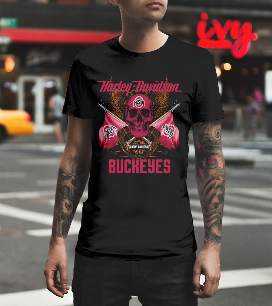 Harley Davidson Ohio State Buckeyes Skull Flag Fan T-Shirt