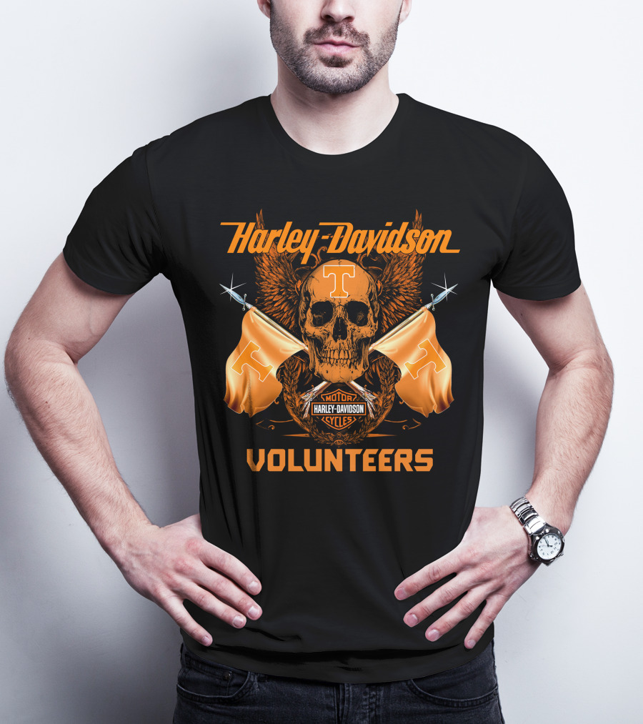 Harley Davidson Volunteers Skull Orange Flags Winged T-Shirt