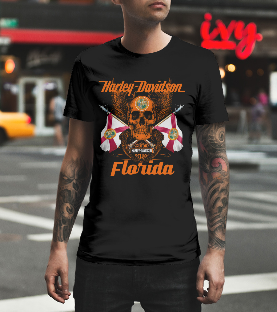 Harley Davidson Florida Skull With Flags And Logo Motif T-Shirt
