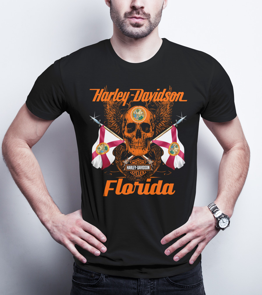 Harley Davidson Florida Skull With Flags And Logo Motif T-Shirt