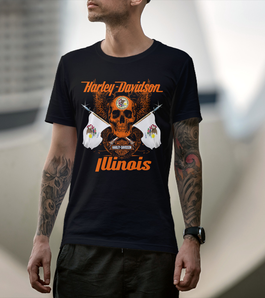 Harley Davidson Cycles Illinois Skull Wings Flags Motorcycles T-Shirt