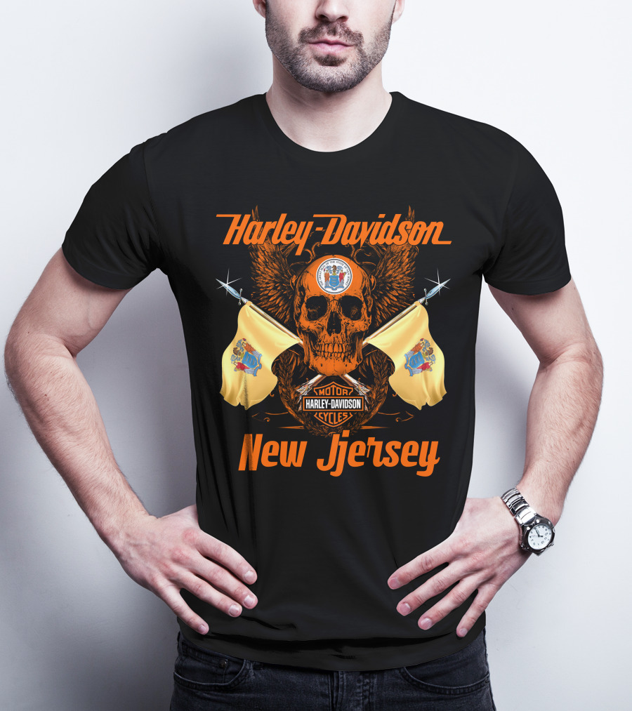 Harley Davidson New Jersey Skull Flags Motorcycle Cycles T-Shirt