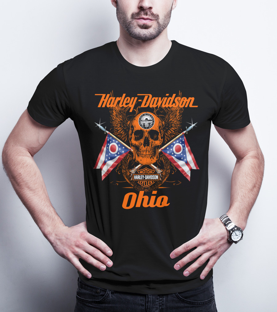 Harley Davidson Ohio Skull With Flags And Wings T-Shirt