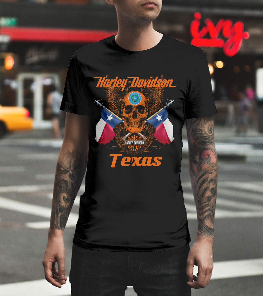 Harley Davidson Texas Skull And Crossed Flags With State Seal And Cycles T-Shirt