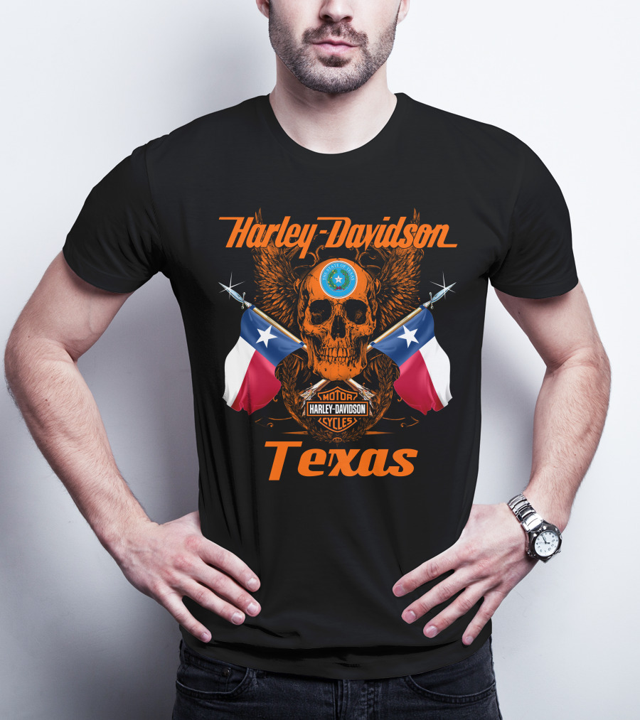 Harley Davidson Texas Skull And Crossed Flags With State Seal And Cycles T-Shirt
