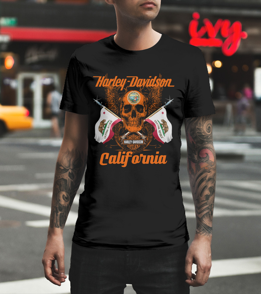 Harley Davidson California Republic Skull And Flags T-Shirt