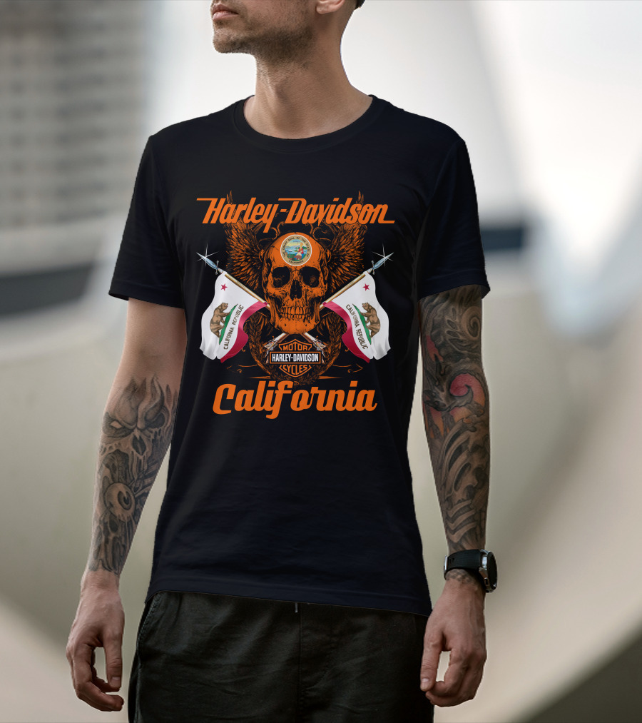 Harley Davidson California Republic Skull And Flags T-Shirt