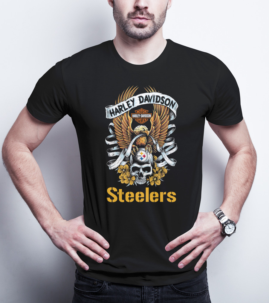 Harley Davidson Motor Cycles Pittsburgh Steelers Skull And Eagle T-Shirt
