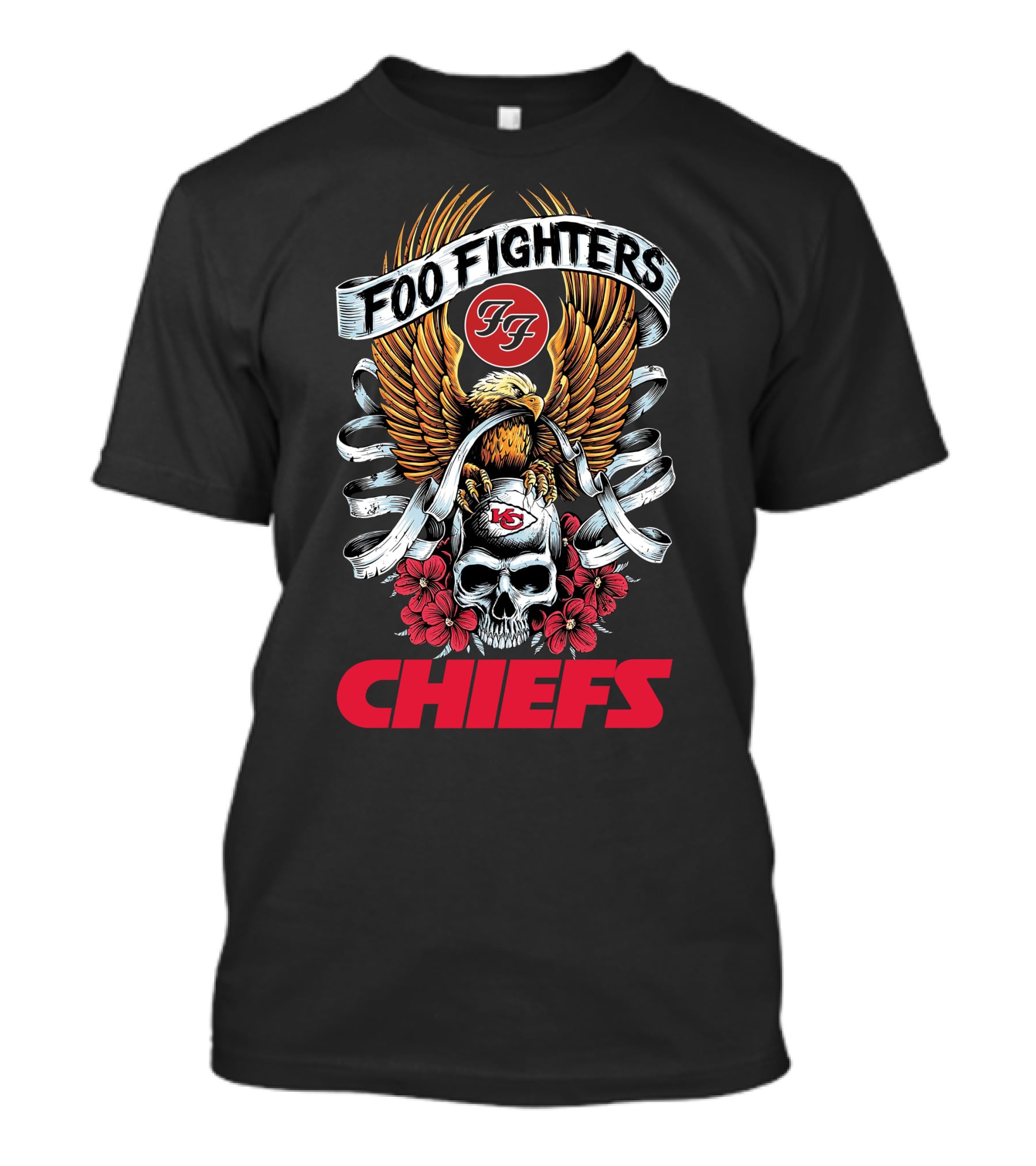 Foo Fighters Kansas City Chiefs Skull Eagle Wings Floral Banner T-Shirt