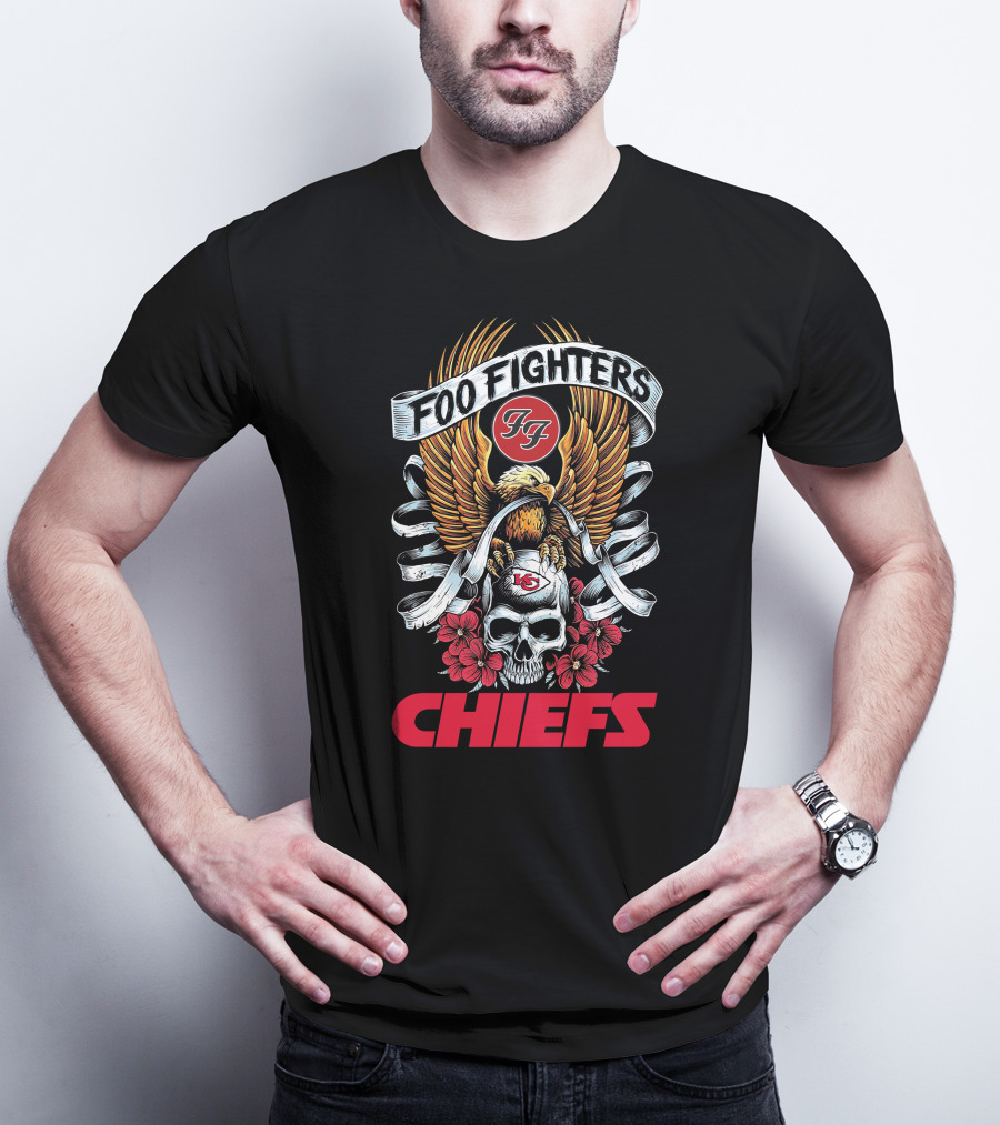 Foo Fighters Kansas City Chiefs Skull Eagle Wings Floral Banner T-Shirt