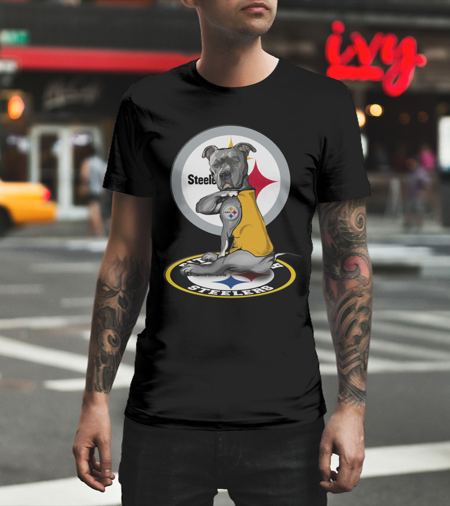 Pittsburgh Steelers Dog With Logo Tattoo And Yellow Vest T-Shirt