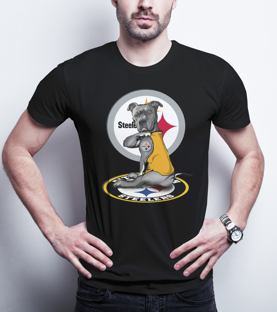 Pittsburgh Steelers Dog With Logo Tattoo And Yellow Vest T-Shirt