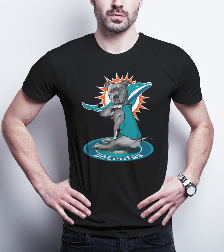 Miami Dolphins Dog With Logo Tattoo And Jersey T-Shirt