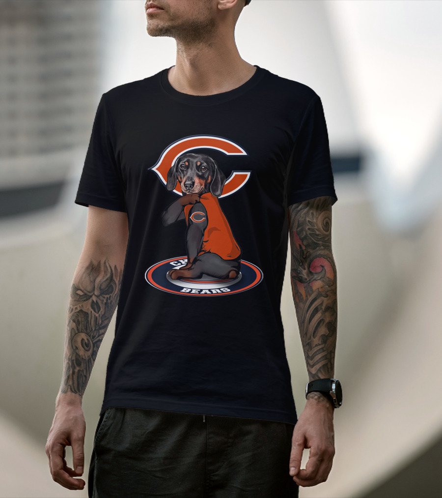 Chicago Bears Dog With Logo On Arm And Backdrop T-Shirt
