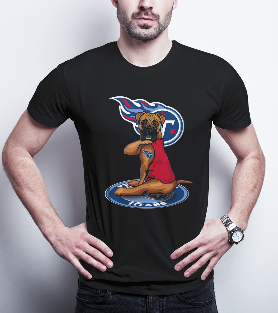 Tennessee Titans Boxer Dog With Logo And Red Jersey T-Shirt